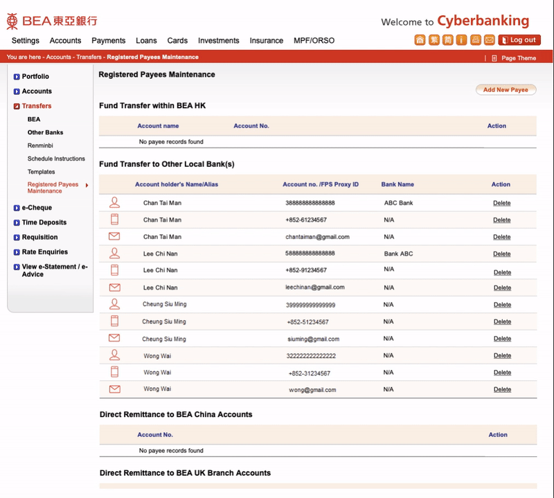 Cyberbanking Registered Payees Maintenance